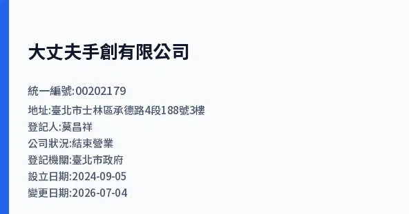 大丈夫手創有限公司的照片-統編 00202179(臺北市) 公司登記資料與營業項目詳細圖表