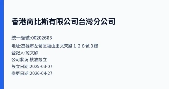 香港商比斯有限公司台灣分公司的照片-統編 00202683(高雄市) 公司登記資料與營業項目詳細圖表