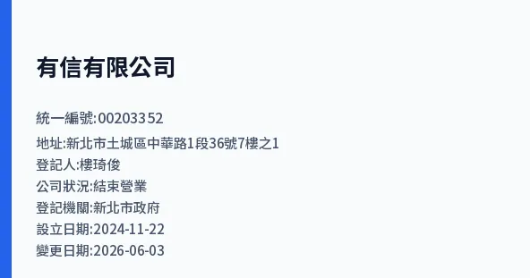 有信有限公司的照片-統編 00203352(新北市) 公司登記資料與營業項目詳細圖表