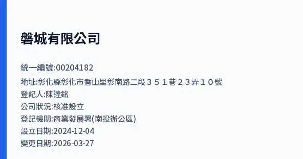 磐城有限公司的照片-統編 00204182(彰化縣) 公司登記資料與營業項目詳細圖表