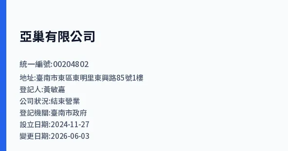 亞巢有限公司的照片-統編 00204802(臺南市) 公司登記資料與營業項目詳細圖表