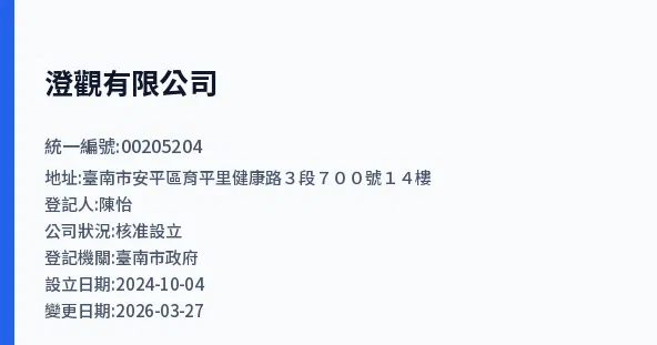 澄觀有限公司的照片-統編 00205204(臺南市) 公司登記資料與營業項目詳細圖表