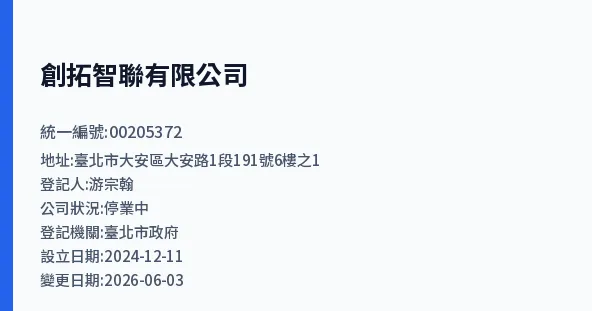 創拓智聯有限公司的照片-統編 00205372(臺北市) 公司登記資料與營業項目詳細圖表