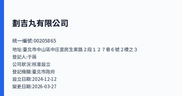 劃吉丸有限公司的照片-統編 00205865(臺北市) 公司登記資料與營業項目詳細圖表