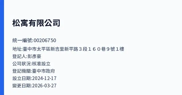 松寓有限公司的照片-統編 00206750(臺中市) 公司登記資料與營業項目詳細圖表
