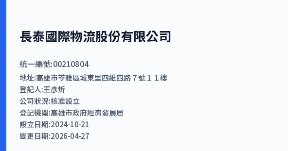 長泰國際物流股份有限公司的照片-統編 00210804(高雄市) 公司登記資料與營業項目詳細圖表