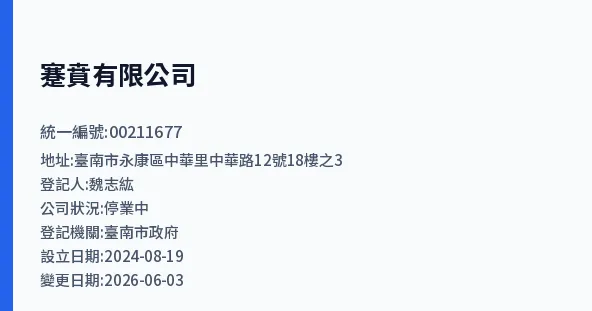 蹇賁有限公司的照片-統編 00211677(臺南市) 公司登記資料與營業項目詳細圖表