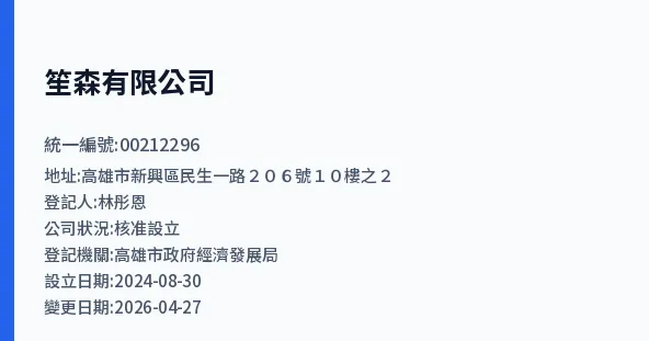 笙森有限公司的照片-統編 00212296(高雄市) 公司登記資料與營業項目詳細圖表
