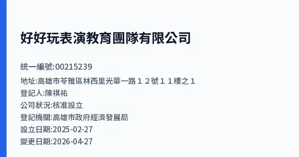 好好玩表演教育團隊有限公司的照片-統編 00215239(高雄市) 公司登記資料與營業項目詳細圖表