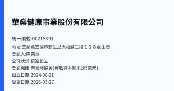 華燊健康事業股份有限公司的照片-統編 00215391(宜蘭縣) 公司登記資料與營業項目詳細圖表