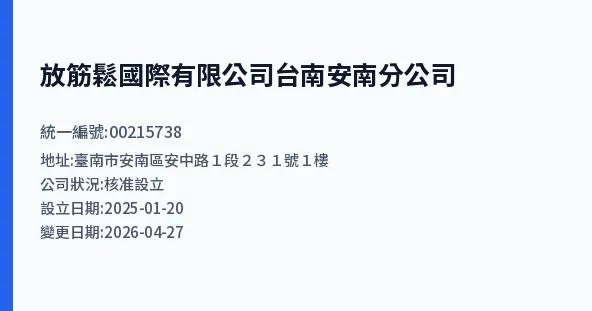 放筋鬆國際有限公司台南安南分公司的照片-統編 00215738(臺南市) 公司登記資料與營業項目詳細圖表