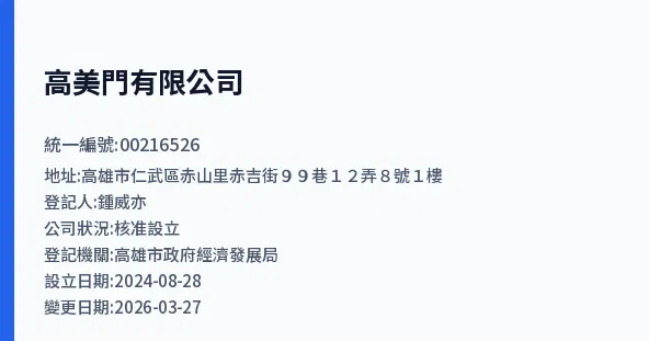 高美門有限公司的照片-統編 00216526(高雄市) 公司登記資料與營業項目詳細圖表