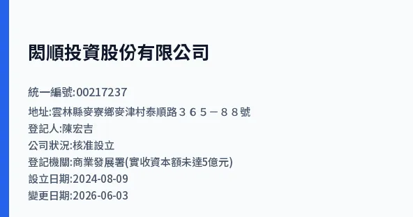 閎順投資股份有限公司的照片-統編 00217237(雲林縣) 公司登記資料與營業項目詳細圖表