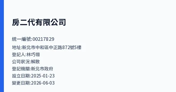 房二代有限公司的照片-統編 00217829(新北市) 公司登記資料與營業項目詳細圖表