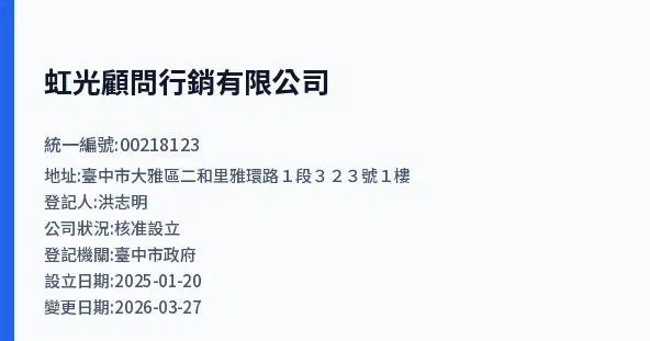 虹光顧問行銷有限公司的照片-統編 00218123(臺中市) 公司登記資料與營業項目詳細圖表