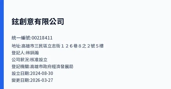 鉉創意有限公司的照片-統編 00218411(高雄市) 公司登記資料與營業項目詳細圖表