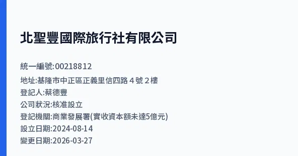 北聖豐國際旅行社有限公司的照片-統編 00218812(基隆市) 公司登記資料與營業項目詳細圖表