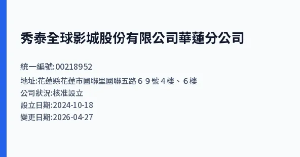 秀泰全球影城股份有限公司華蓮分公司的照片-統編 00218952(花蓮縣) 公司登記資料與營業項目詳細圖表