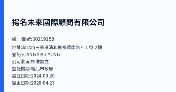 揚名未來國際顧問有限公司的照片-統編 00219158(新北市) 公司登記資料與營業項目詳細圖表