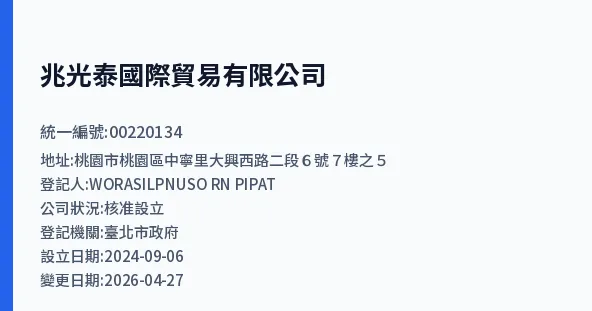 兆光泰國際貿易有限公司的照片-統編 00220134(桃園市) 公司登記資料與營業項目詳細圖表