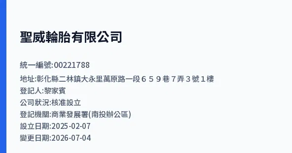 聖威輪胎有限公司的照片-統編 00221788(彰化縣) 公司登記資料與營業項目詳細圖表