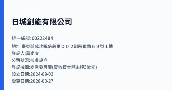 日城創能有限公司的照片-統編 00222484(臺東縣) 公司登記資料與營業項目詳細圖表