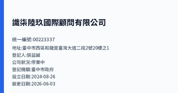 識柒陸玖國際顧問有限公司的照片-統編 00223337(臺中市) 公司登記資料與營業項目詳細圖表