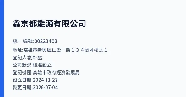 鑫京都能源有限公司的照片-統編 00223408(高雄市) 公司登記資料與營業項目詳細圖表