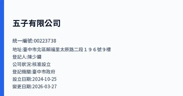 五子有限公司的照片-統編 00223738(臺中市) 公司登記資料與營業項目詳細圖表