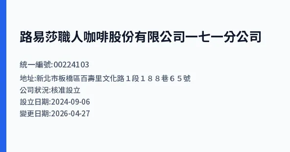 路易莎職人咖啡股份有限公司一七一分公司的照片-統編 00224103(新北市) 公司登記資料與營業項目詳細圖表