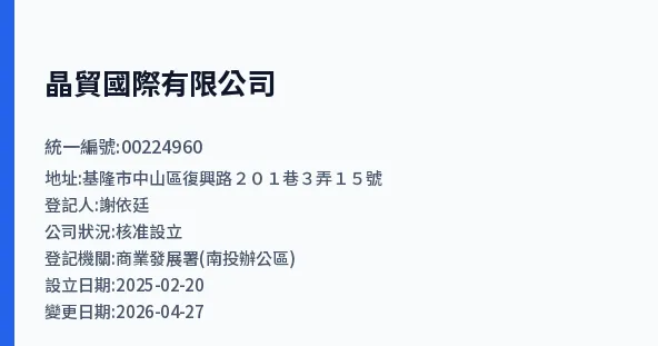 晶貿國際有限公司的照片-統編 00224960(基隆市) 公司登記資料與營業項目詳細圖表