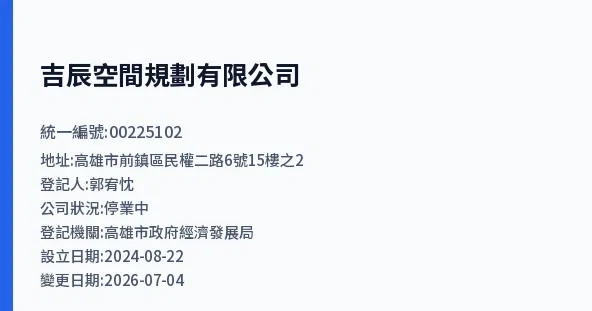 吉辰空間規劃有限公司的照片-統編 00225102(高雄市) 公司登記資料與營業項目詳細圖表