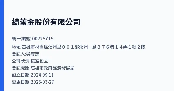 綺蕾金股份有限公司的照片-統編 00225715(高雄市) 公司登記資料與營業項目詳細圖表