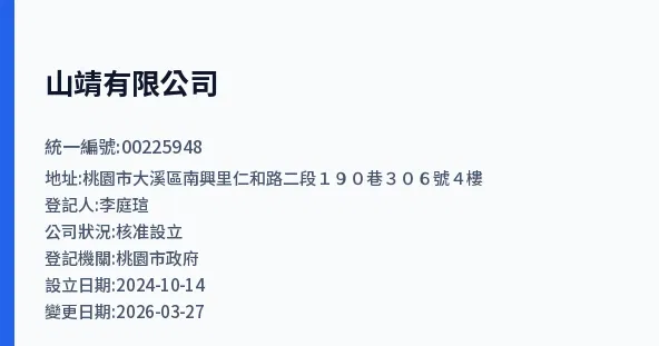 山靖有限公司的照片-統編 00225948(桃園市) 公司登記資料與營業項目詳細圖表