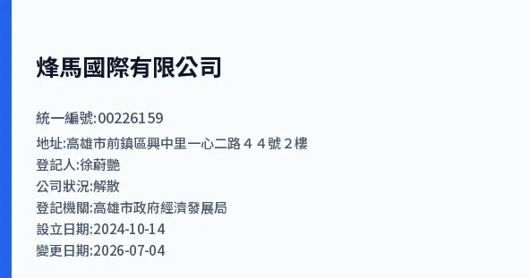 烽馬國際有限公司的照片-統編 00226159(高雄市) 公司登記資料與營業項目詳細圖表