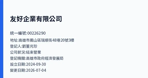 友好企業有限公司的照片-統編 00226290(高雄市) 公司登記資料與營業項目詳細圖表