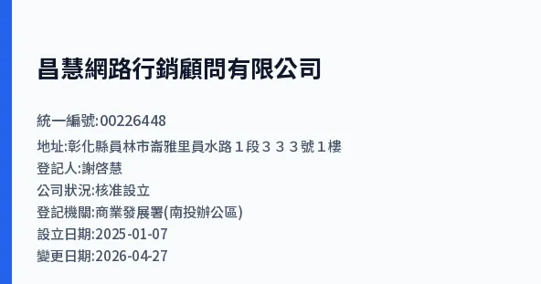 昌慧網路行銷顧問有限公司的照片-統編 00226448(彰化縣) 公司登記資料與營業項目詳細圖表