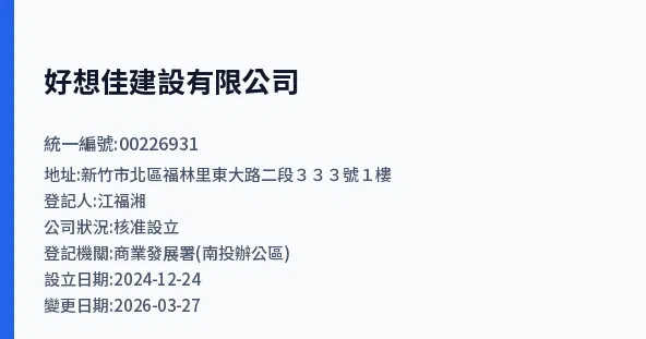 好想佳建設有限公司的照片-統編 00226931(新竹市) 公司登記資料與營業項目詳細圖表