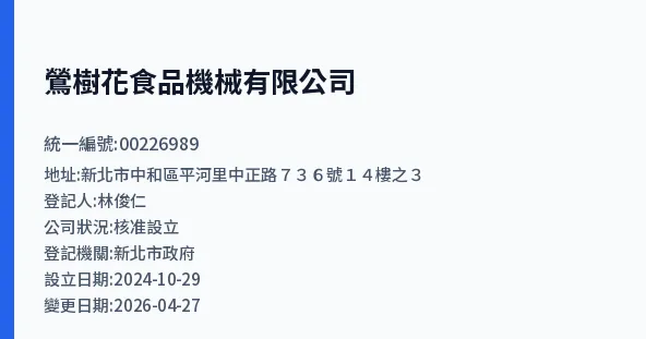 鶯樹花食品機械有限公司的照片-統編 00226989(新北市) 公司登記資料與營業項目詳細圖表