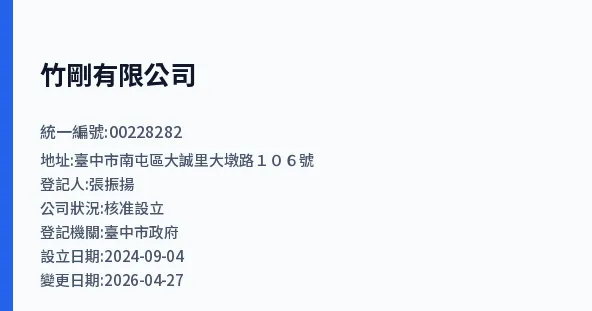 竹剛有限公司的照片-統編 00228282(臺中市) 公司登記資料與營業項目詳細圖表