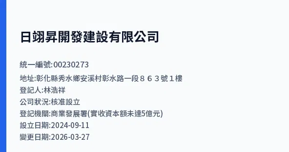日翊昇開發建設有限公司的照片-統編 00230273(彰化縣) 公司登記資料與營業項目詳細圖表