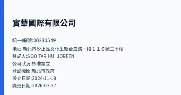 實華國際有限公司的照片-統編 00230549(新北市) 公司登記資料與營業項目詳細圖表
