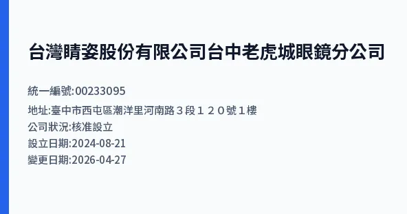 台灣睛姿股份有限公司台中老虎城眼鏡分公司的照片-統編 00233095(臺中市) 公司登記資料與營業項目詳細圖表
