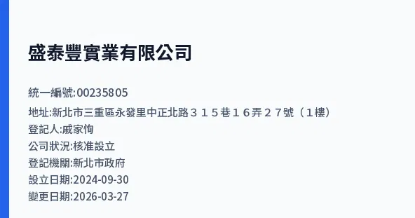 盛泰豐實業有限公司的照片-統編 00235805(新北市) 公司登記資料與營業項目詳細圖表