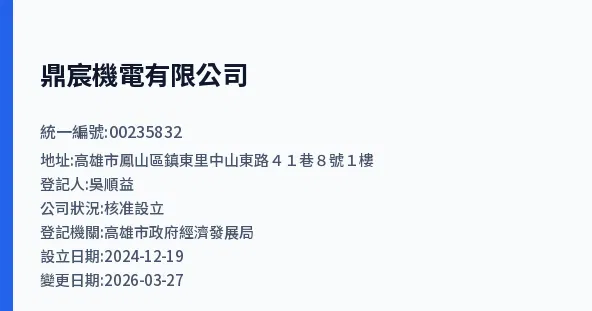鼎宸機電有限公司的照片-統編 00235832(高雄市) 公司登記資料與營業項目詳細圖表