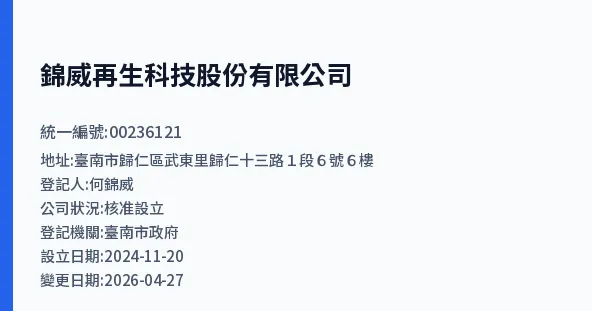 錦威再生科技股份有限公司的照片-統編 00236121(臺南市) 公司登記資料與營業項目詳細圖表