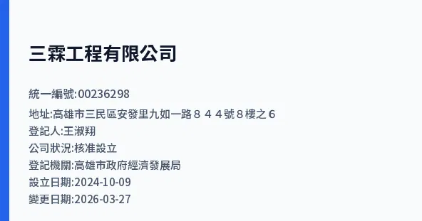 三霖工程有限公司的照片-統編 00236298(高雄市) 公司登記資料與營業項目詳細圖表