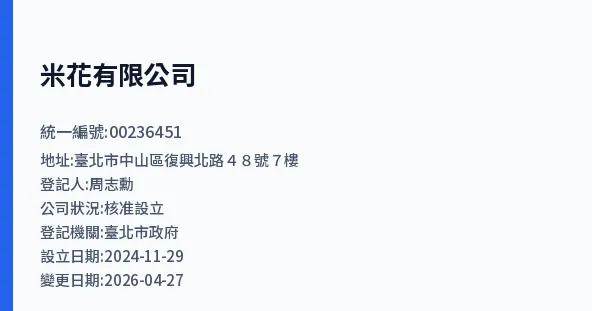 米花有限公司的照片-統編 00236451(臺北市) 公司登記資料與營業項目詳細圖表