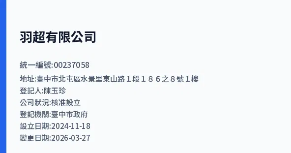 羽超有限公司的照片-統編 00237058(臺中市) 公司登記資料與營業項目詳細圖表