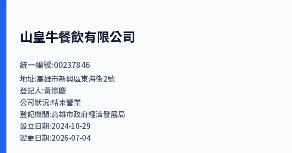山皇牛餐飲有限公司的照片-統編 00237846(高雄市) 公司登記資料與營業項目詳細圖表